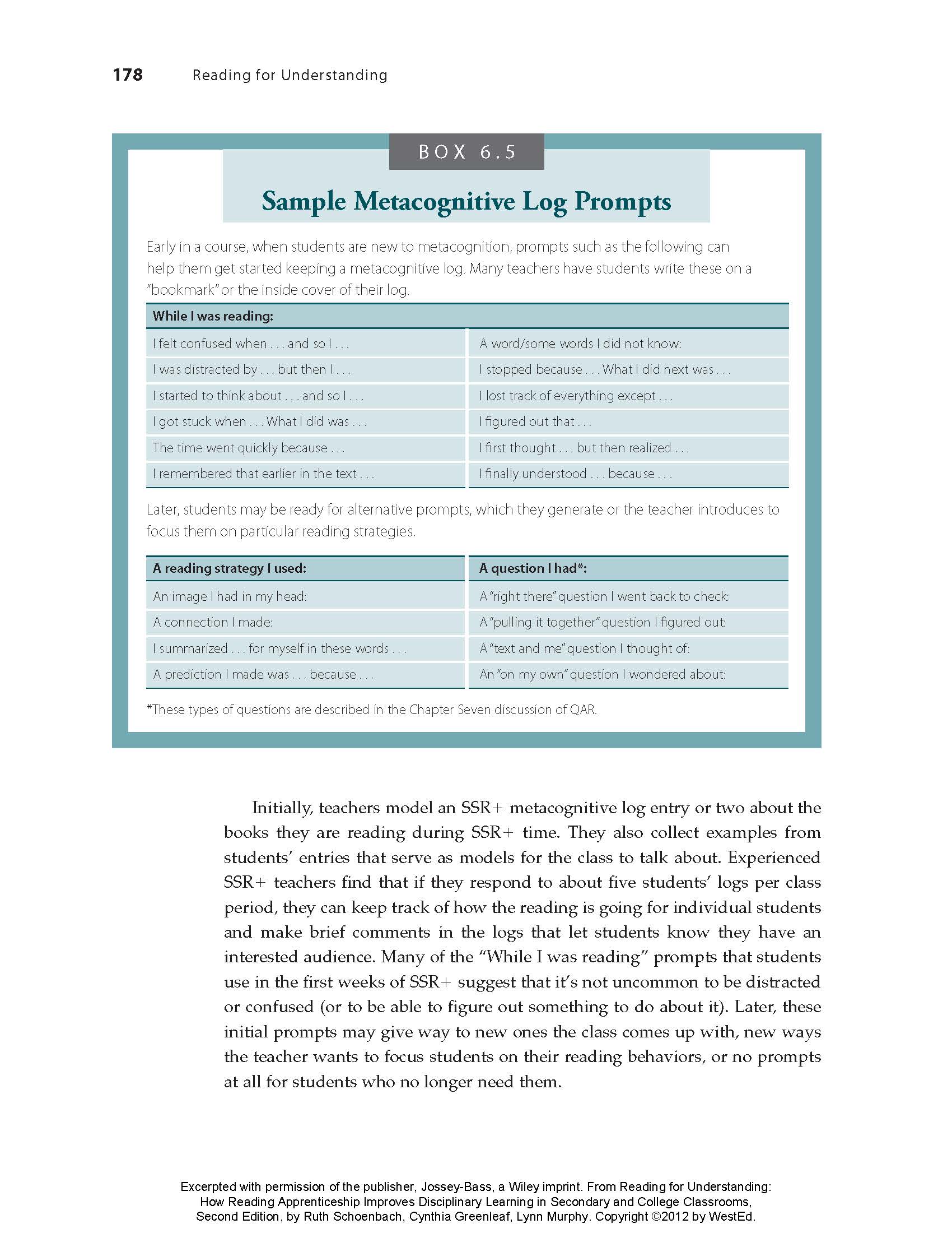 Sample Metacognitive Log Prompts - Disciplinary Literacy